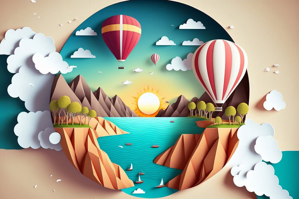 3D Effect Paper Cut Out Landscape with hot air balloons Kids Wallpaper ...