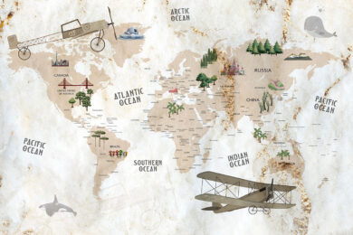 Kids Room Wallpaper, World map with different types of objects ...