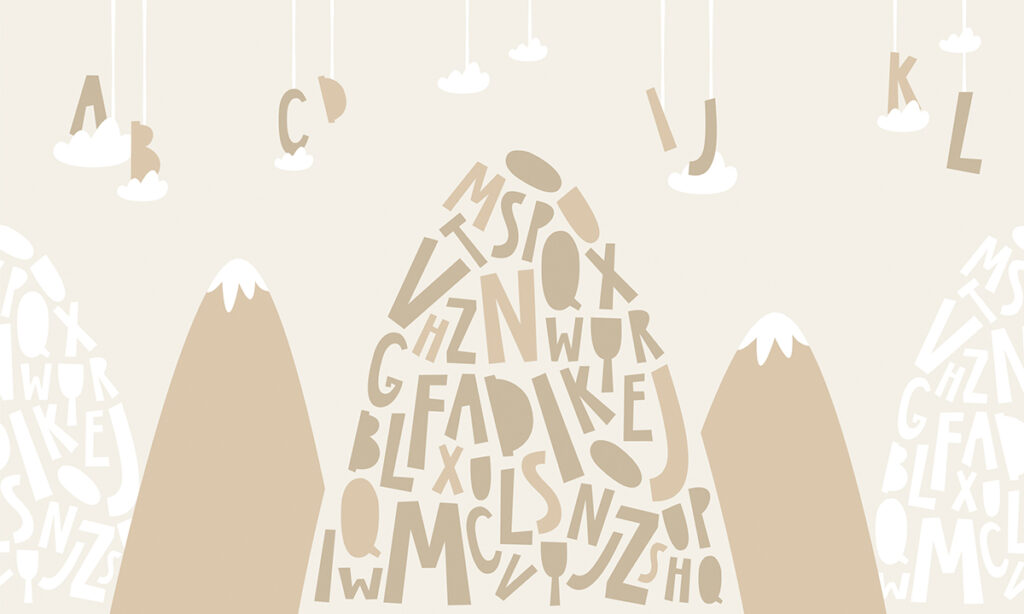 Kids Room Wallpaper, Mountain with letters and clouds - Magicdecor®