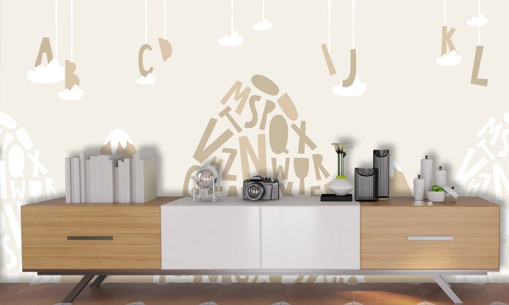 Kids Room Wallpaper, Mountain with letters and clouds - Magicdecor®