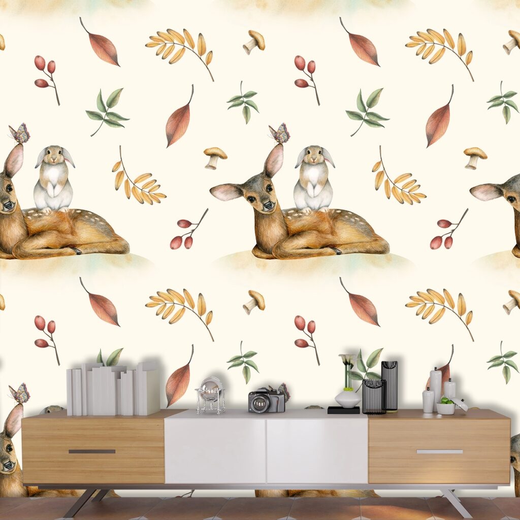 Kids Room Wallpaper, A pattern of animals and leaves - Magicdecor®