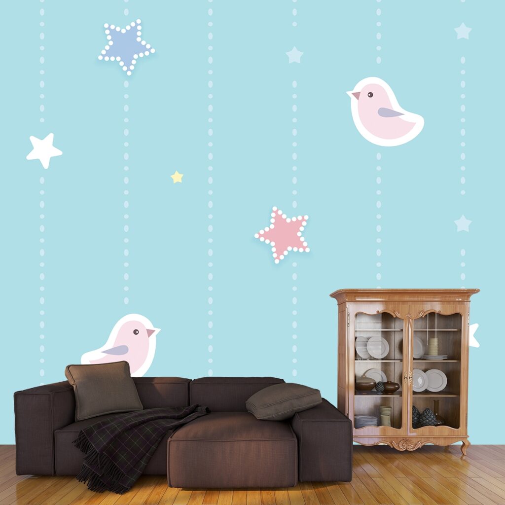 Kids Room Wallpaper, A blue background with birds and stars - Magicdecor®