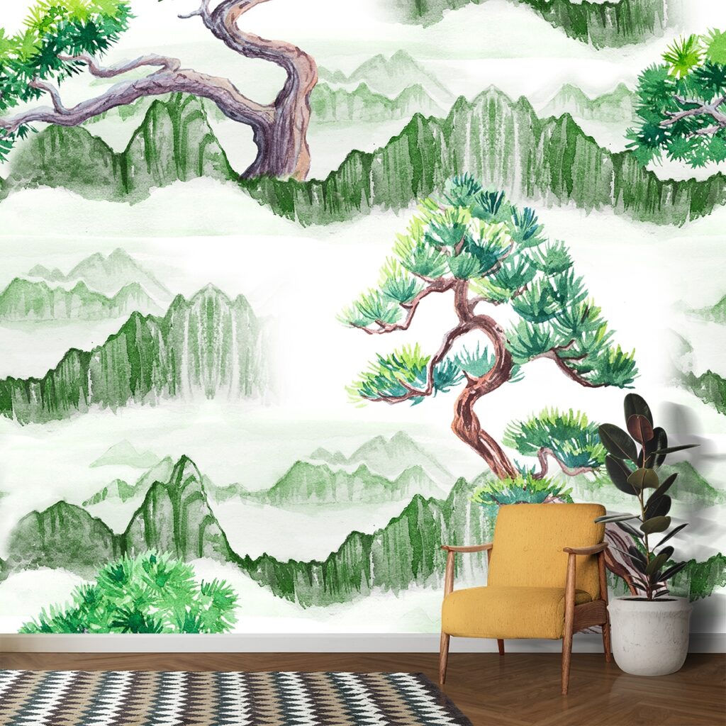 A watercolor painting of trees and mountains - Magic Decor