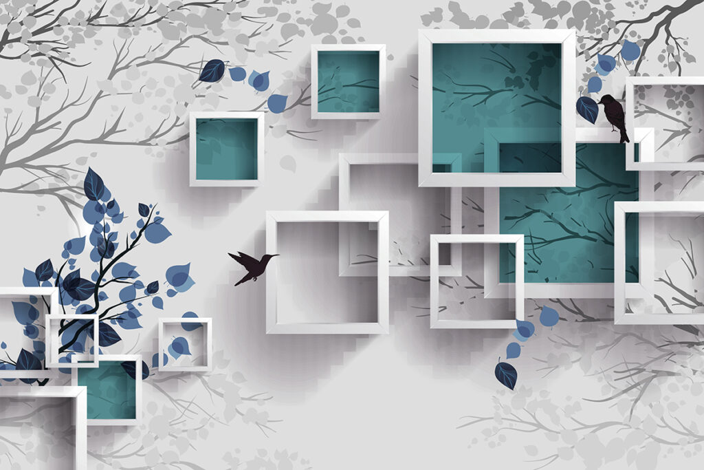 A wall mural with squares and birds - Magic Decor