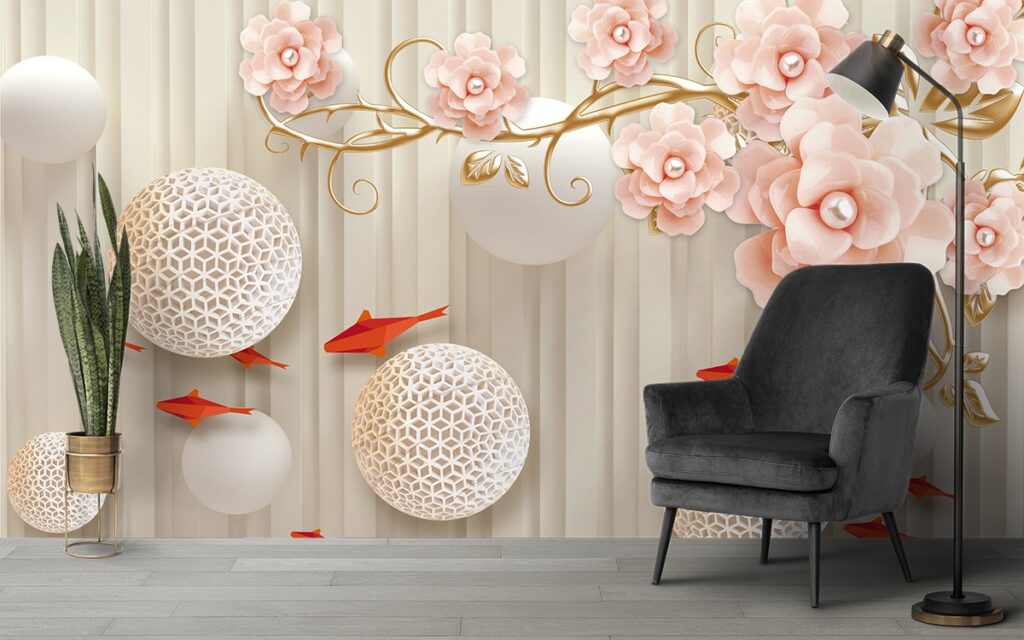A wallpaper with flowers and paper fish - Magicdecor®