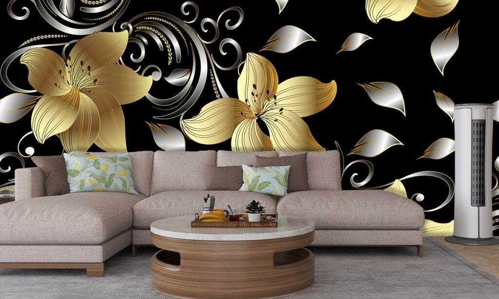 A gold and silver flowers on a black background - Magicdecor®