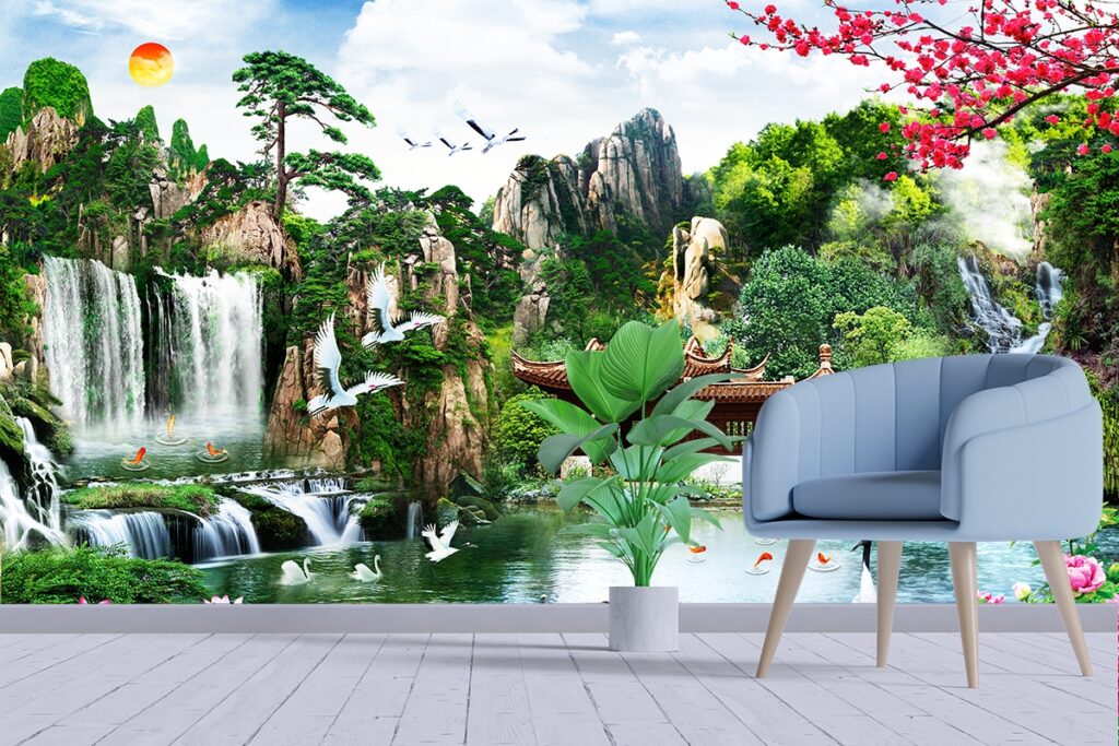 Waterfall Wallpaper for Wall, A waterfall and a building with a pond and birds - Magicdecor®