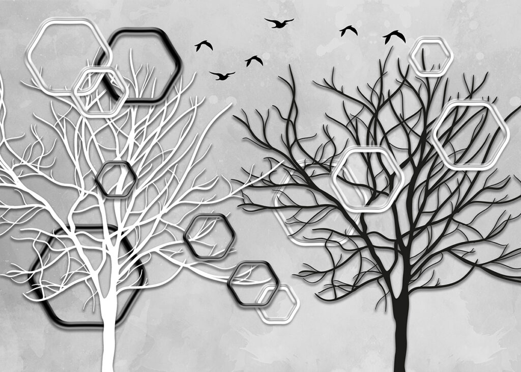 A black and white tree with birds flying - Magicdecor®