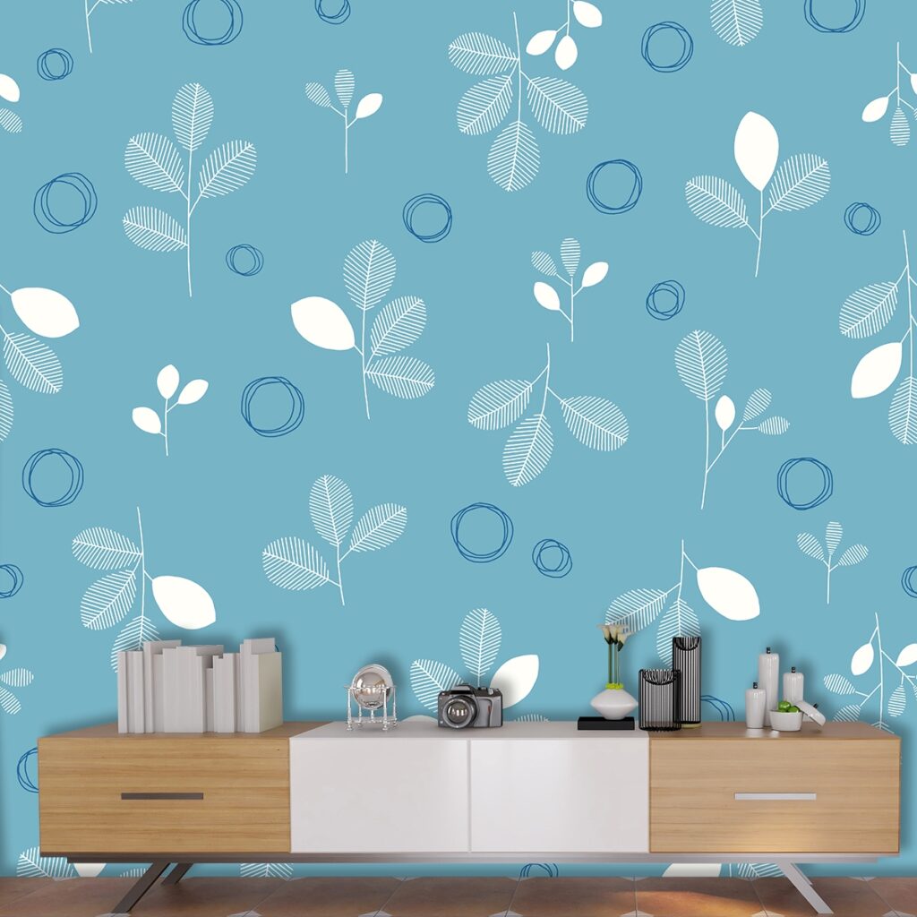 A blue and white pattern with white leaves and circles - Magicdecor®