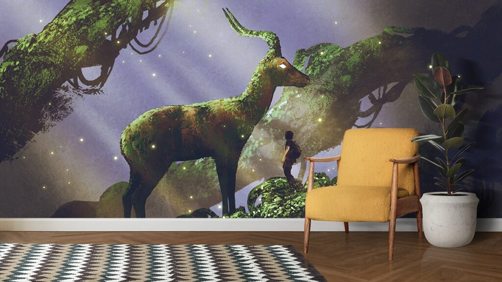 A person standing on a tree branch with a deer - Magicdecor®