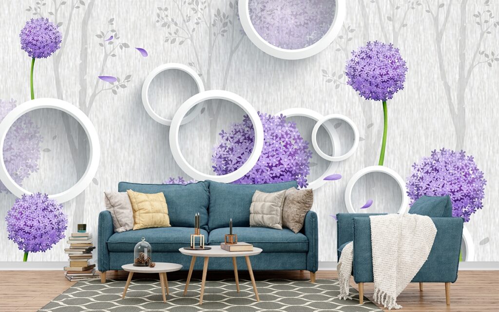 A wallpaper with purple flowers and circles - Magicdecor®