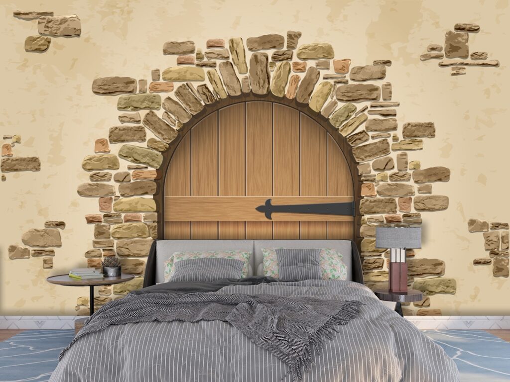 A wooden door in a stone wall - Magicdecor®