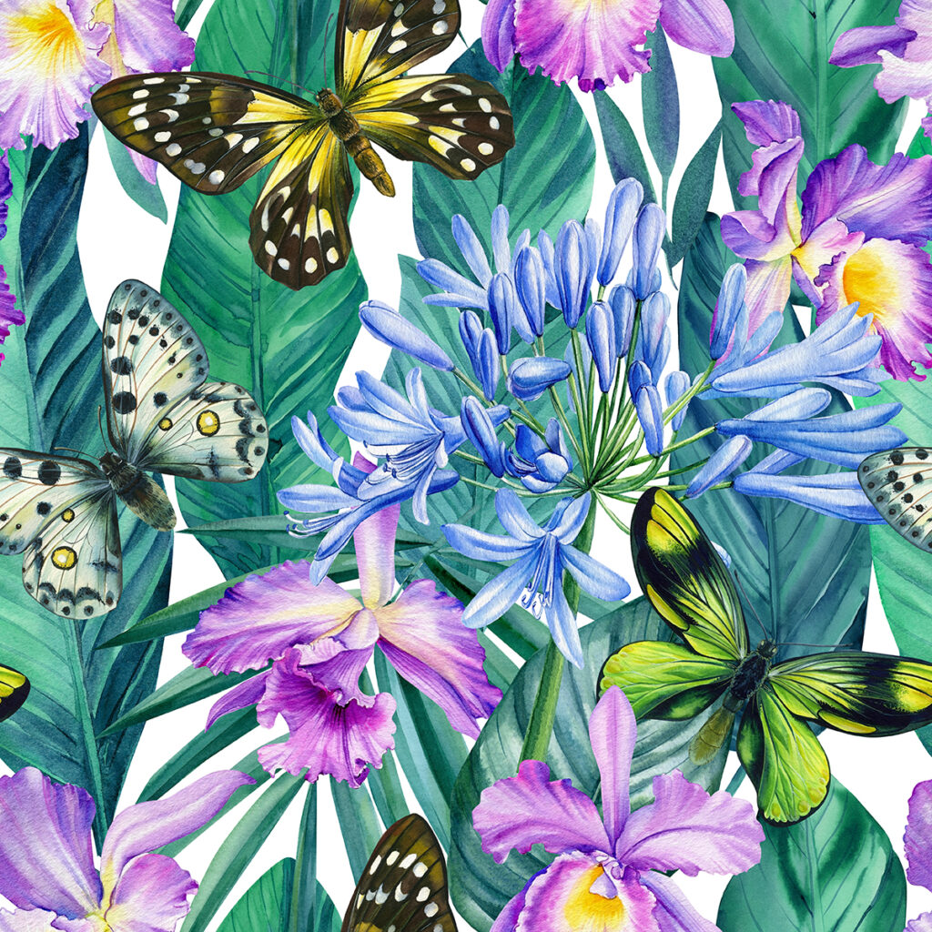 Butterflies and flowers with leaves - Magicdecor®