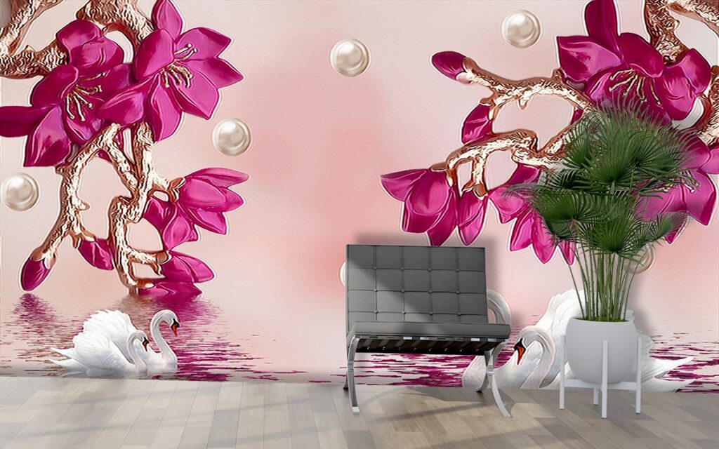 Swans swimming in water with pink flowers - Magic Decor