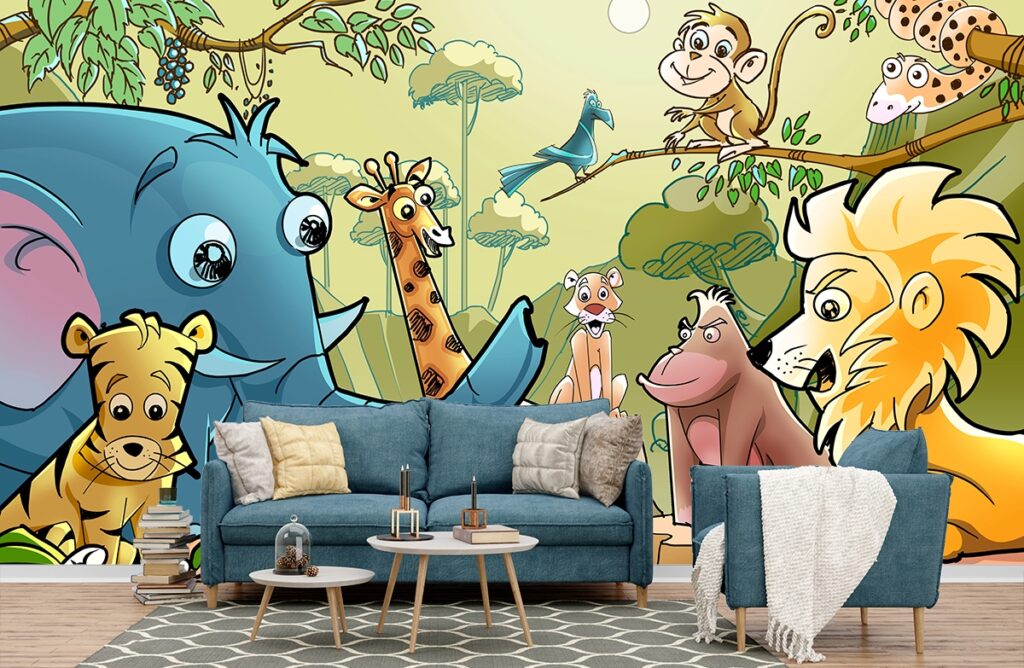 Kids Room Wallpaper, Cartoon of animals in a forest - Magicdecor®