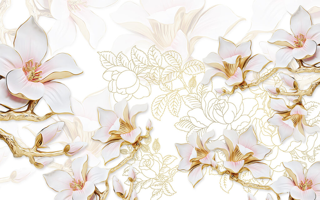 A white flowers with gold outline on a white background - Magicdecor®