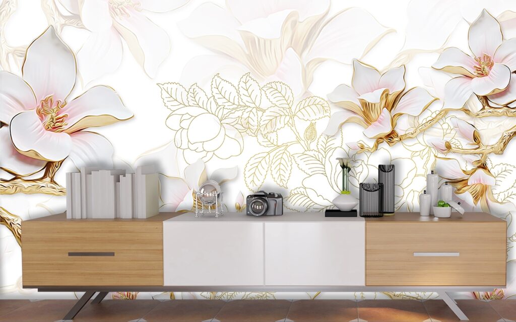 A white flowers with gold outline on a white background - Magicdecor®