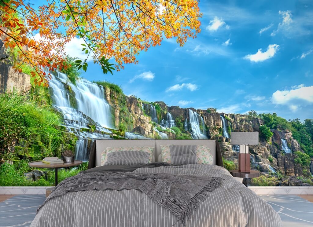 Waterfall Wallpaper for Wall, A waterfall with mossy rocks and trees - Magicdecor®