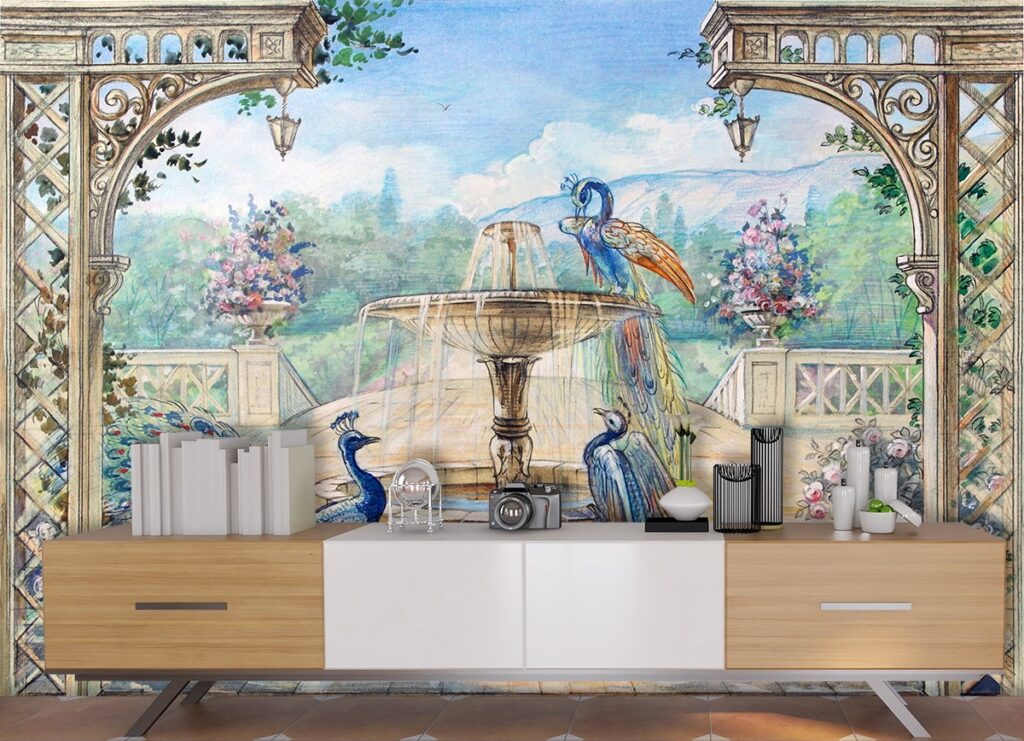 A water fountain with peacocks and flowers - Magicdecor®