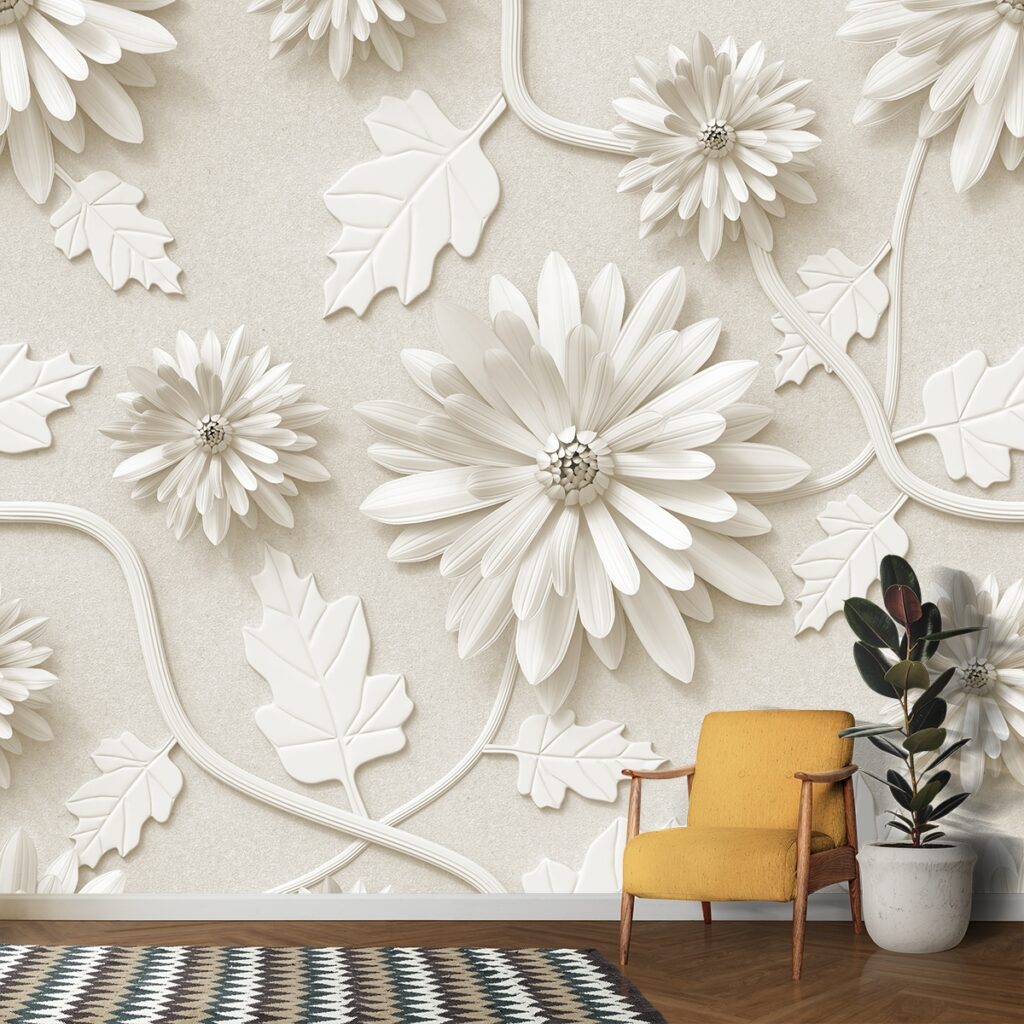 A white flower and leaves on a white background - Magicdecor®