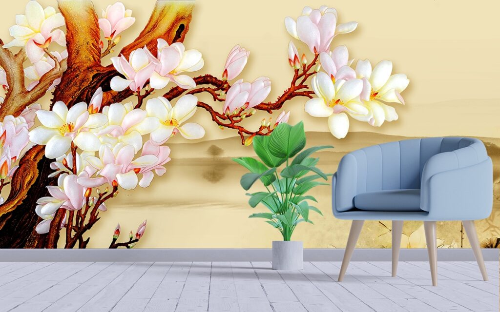 A painting of a tree branch with flowers - Magicdecor®