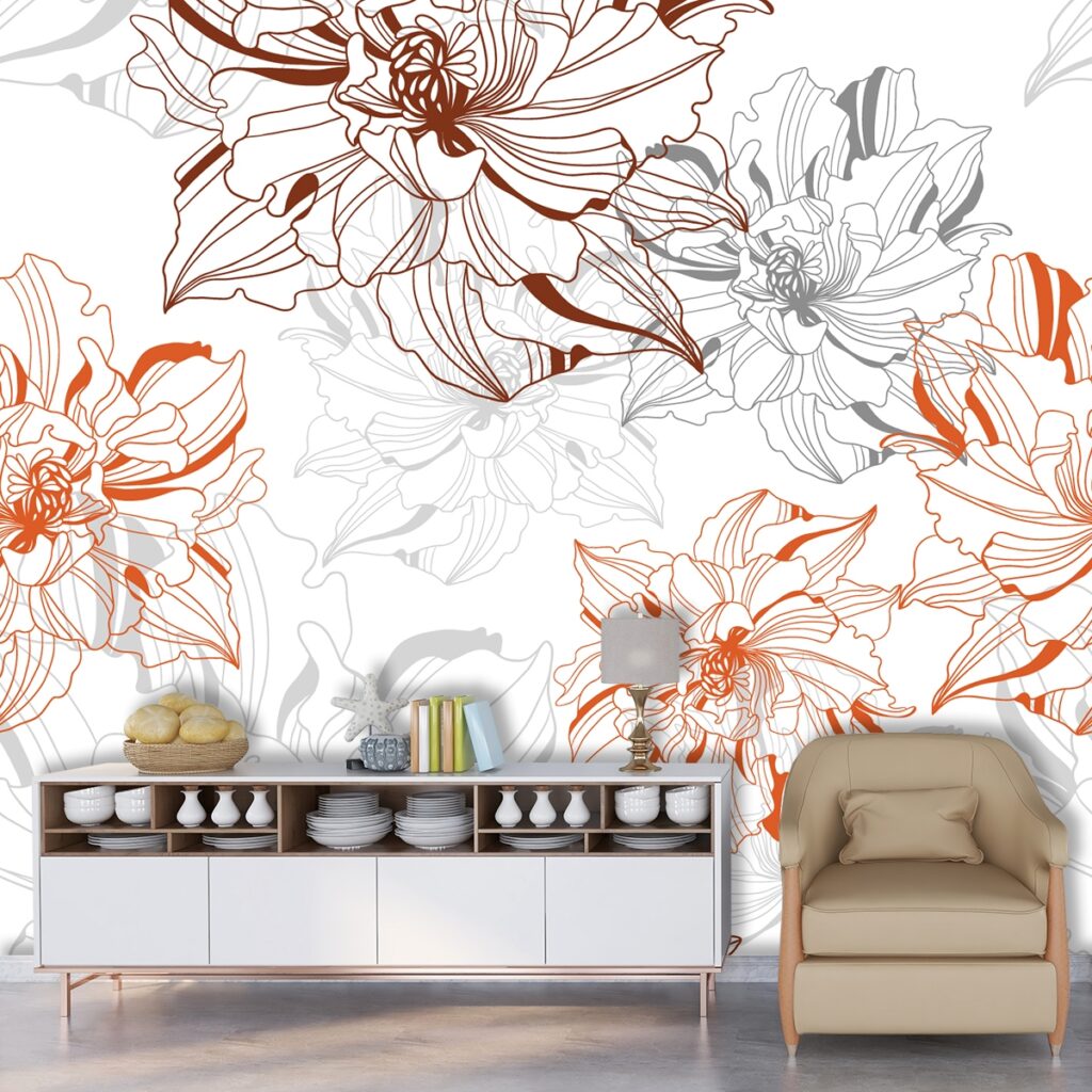 A Brown, Grey and Orange Floral Wallpaper - Magicdecor®