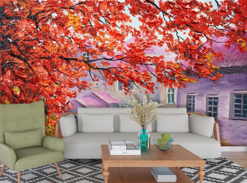 A painting of a house with red leaves on the tree - Magicdecor®