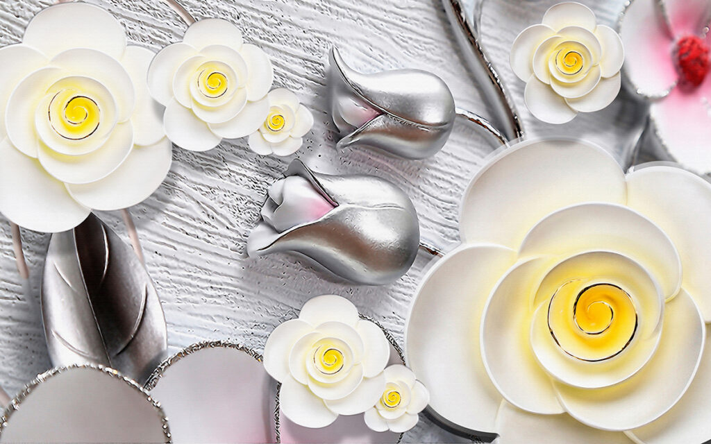 A group of white and silver flowers in 3D - Magicdecor®