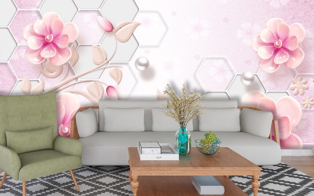 A pink flowers and white hexagons - Magicdecor®