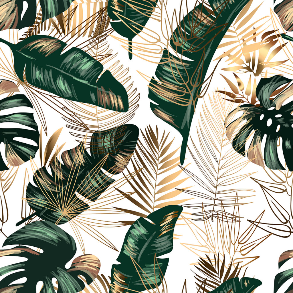 Pattern of Tropical Green and Golden Leaves Wallpaper - Magicdecor®