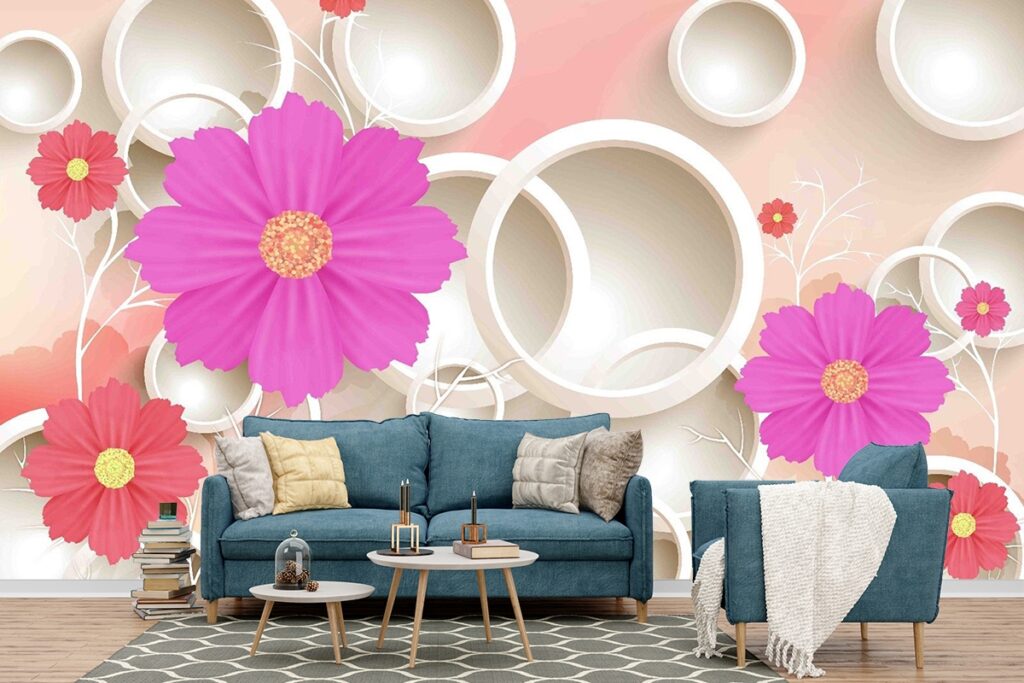3D Circular Rings and Daisy Flowers Wallpaper - Magicdecor®