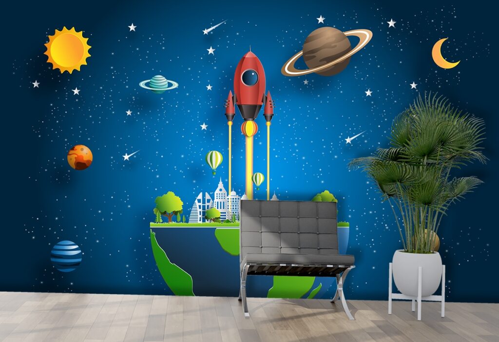 Kids Room Wallpaper, Rocket ship flying over a planet - Magicdecor®