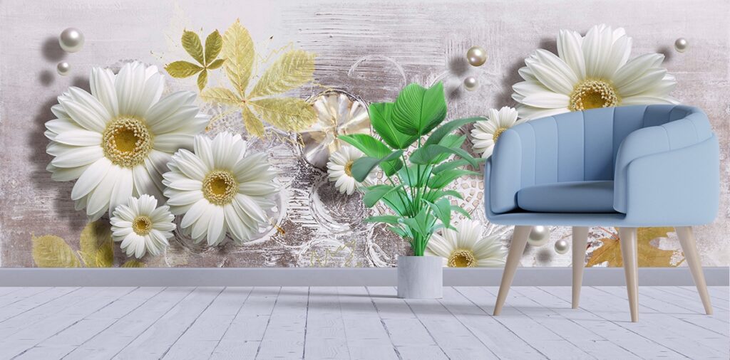 A white flowers and pearls on a white surface - Magicdecor®