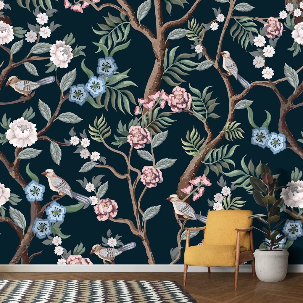 A Wallpaper with Birds and Flowers - Magicdecor®