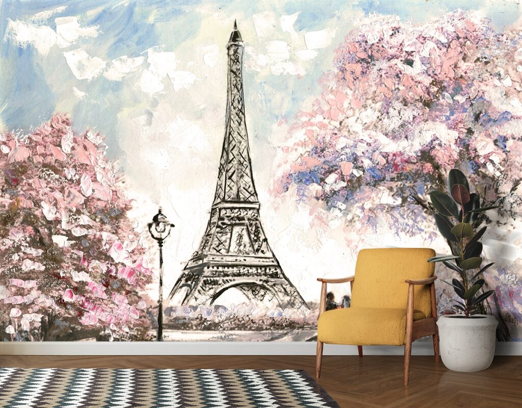 A painting of a tower with pink flowers - Magicdecor®