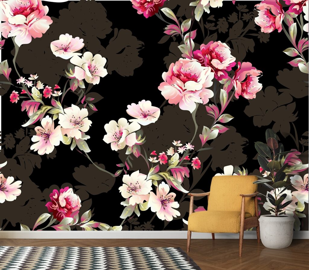 A floral pattern on a black background - Magicdecor®