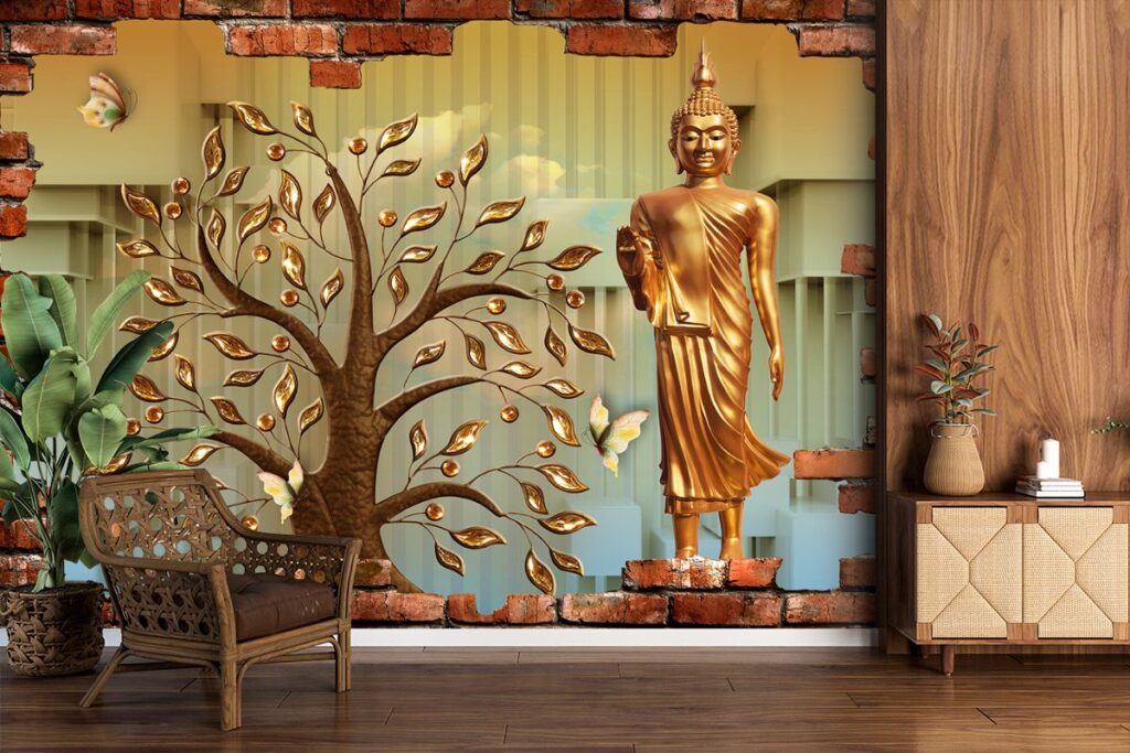 A gold Buddha statue in front of a tree - Magicdecor®