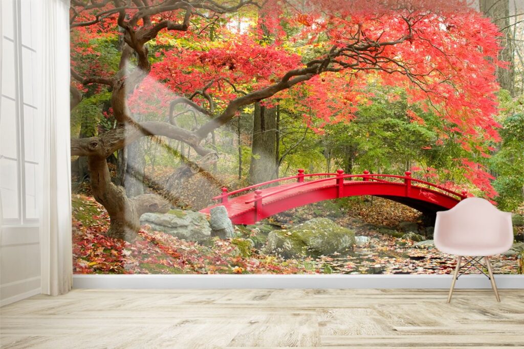 A red bridge over a stream with red leaves wallpaper for wall - Magicdecor®