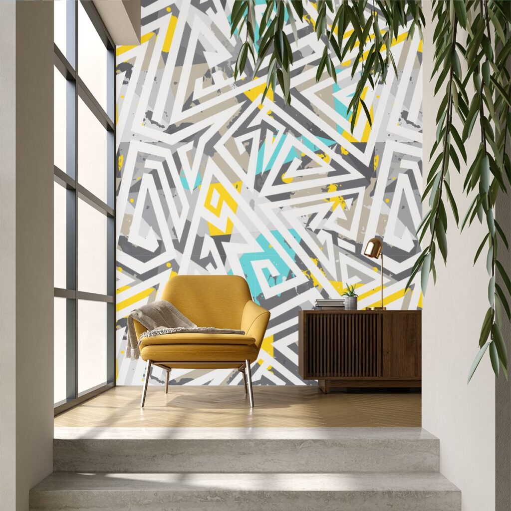 Aesthetic Abstract Pattern White, Yellow and Blue Lines - Magicdecor®