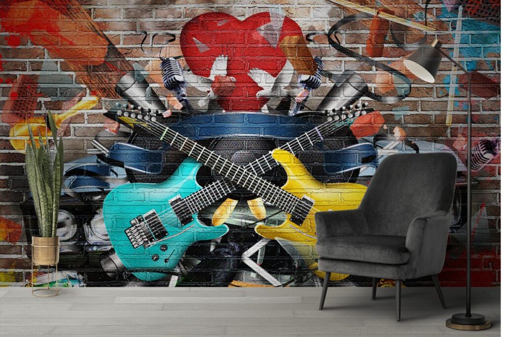A wall with a painting of guitars - Magicdecor®