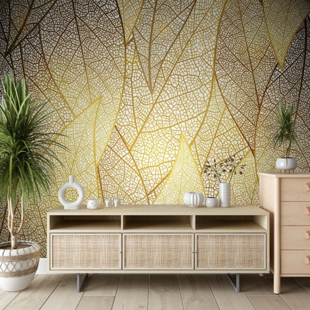 Golden Closeup of Leaf Wall Mural, Living Room - Magicdecor®