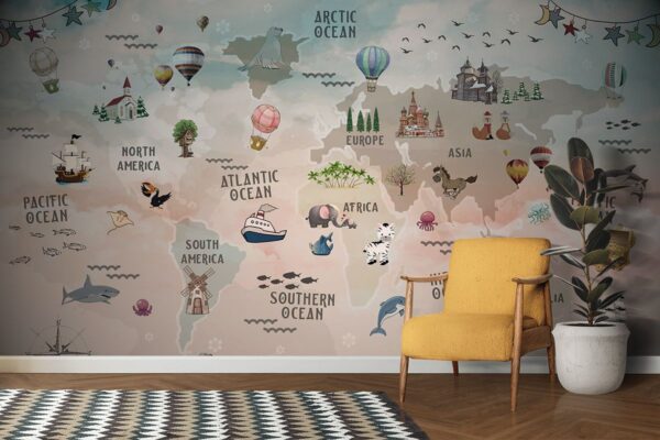 Kids Room World Map Wallpaper With Animals and Birds