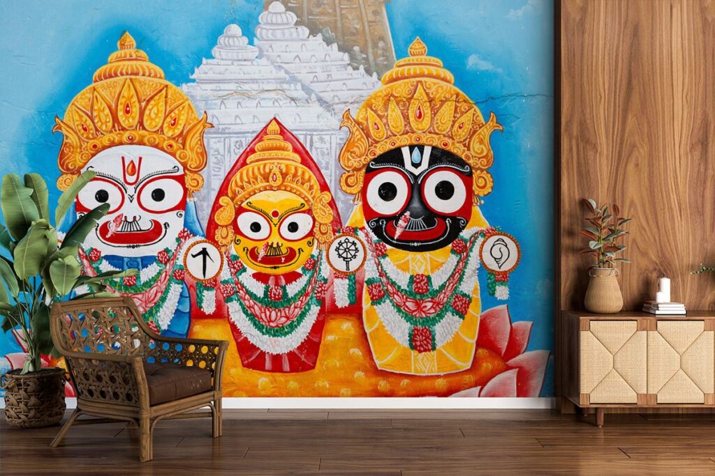 Painting Wallpaper of Jagannath, Subhadra and Balaram for Wall - Magicdecor®