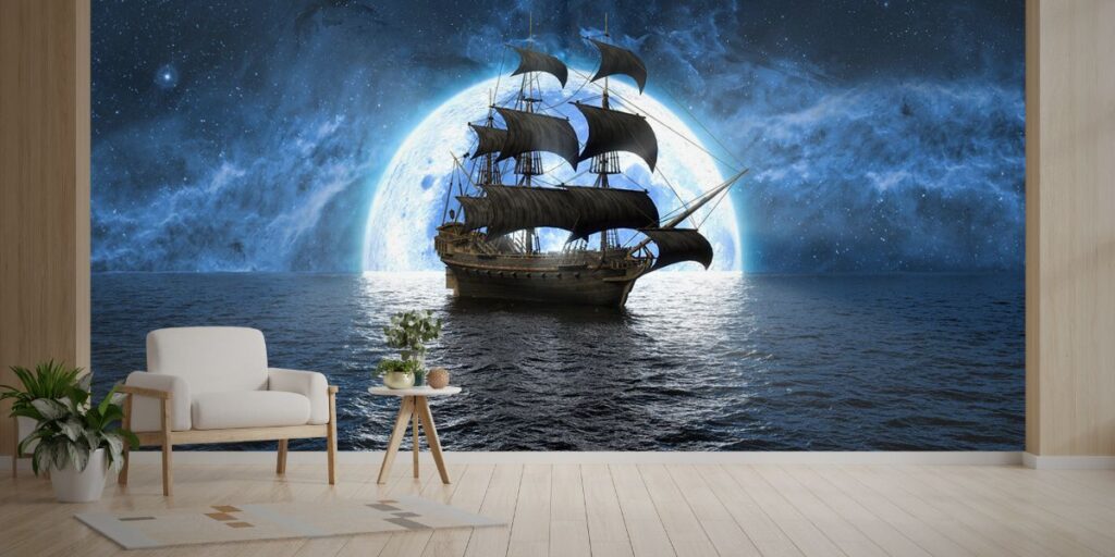Jahaj, Mesmerizing Moon and Ship in The Ocean Wallpaper - Magicdecor®