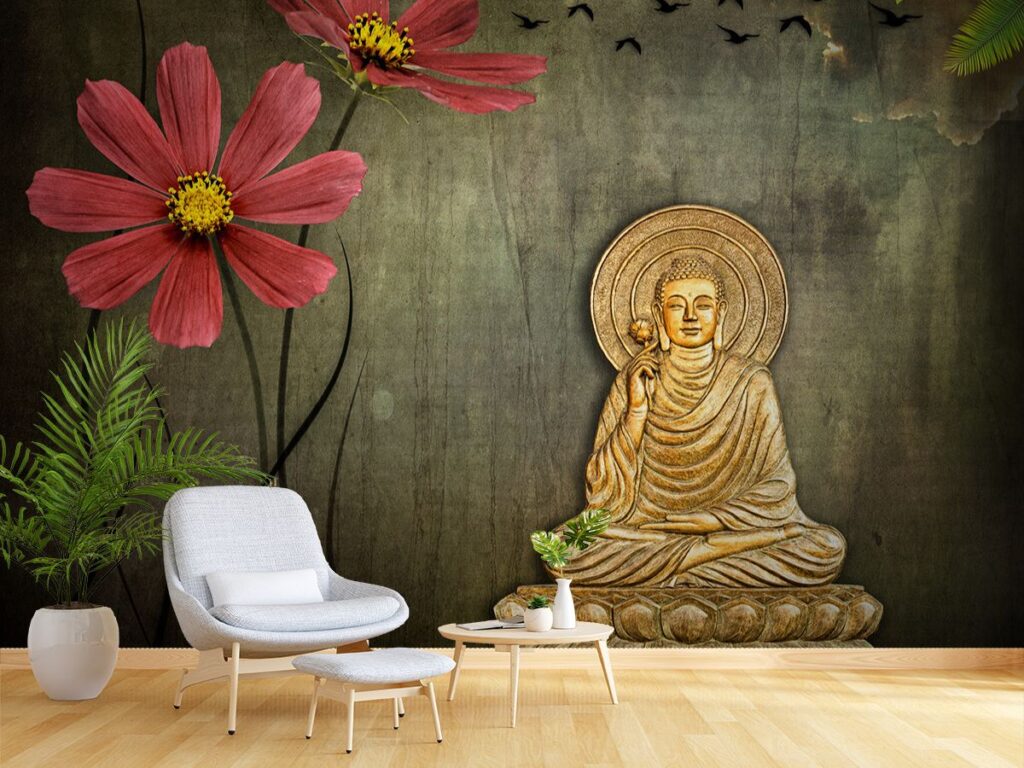 Buddha's Golden Resonance: Rock Sculpture Mural - Magicdecor®