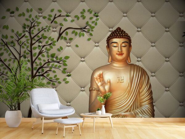 Statue of Golden Buddha Meditating Mural Sculpture with Tree - Magicdecor®