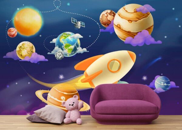 Kids Room Wallpaper - A cartoon rocket flying in the sky with planets ...