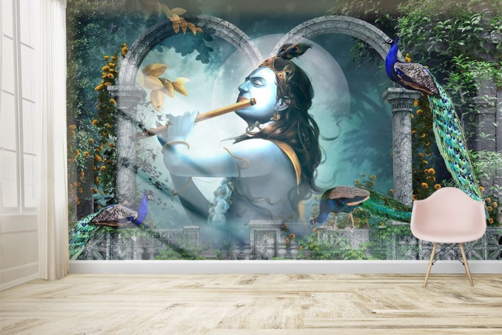 Krishna Wallpaper for Wall, Bhagwan Krishna and Peacocks - Magic Decor