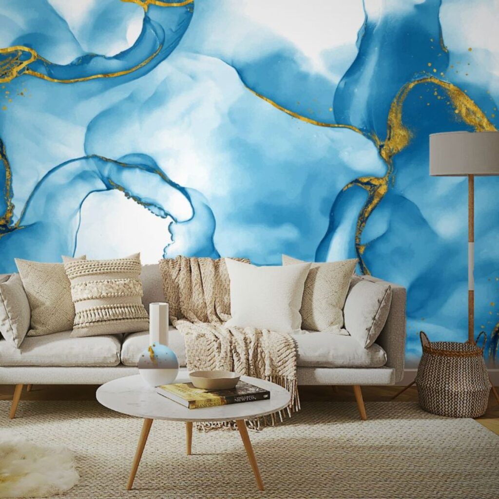 Blue Marble With Golden Veins Print Wallpaper - Magicdecor®