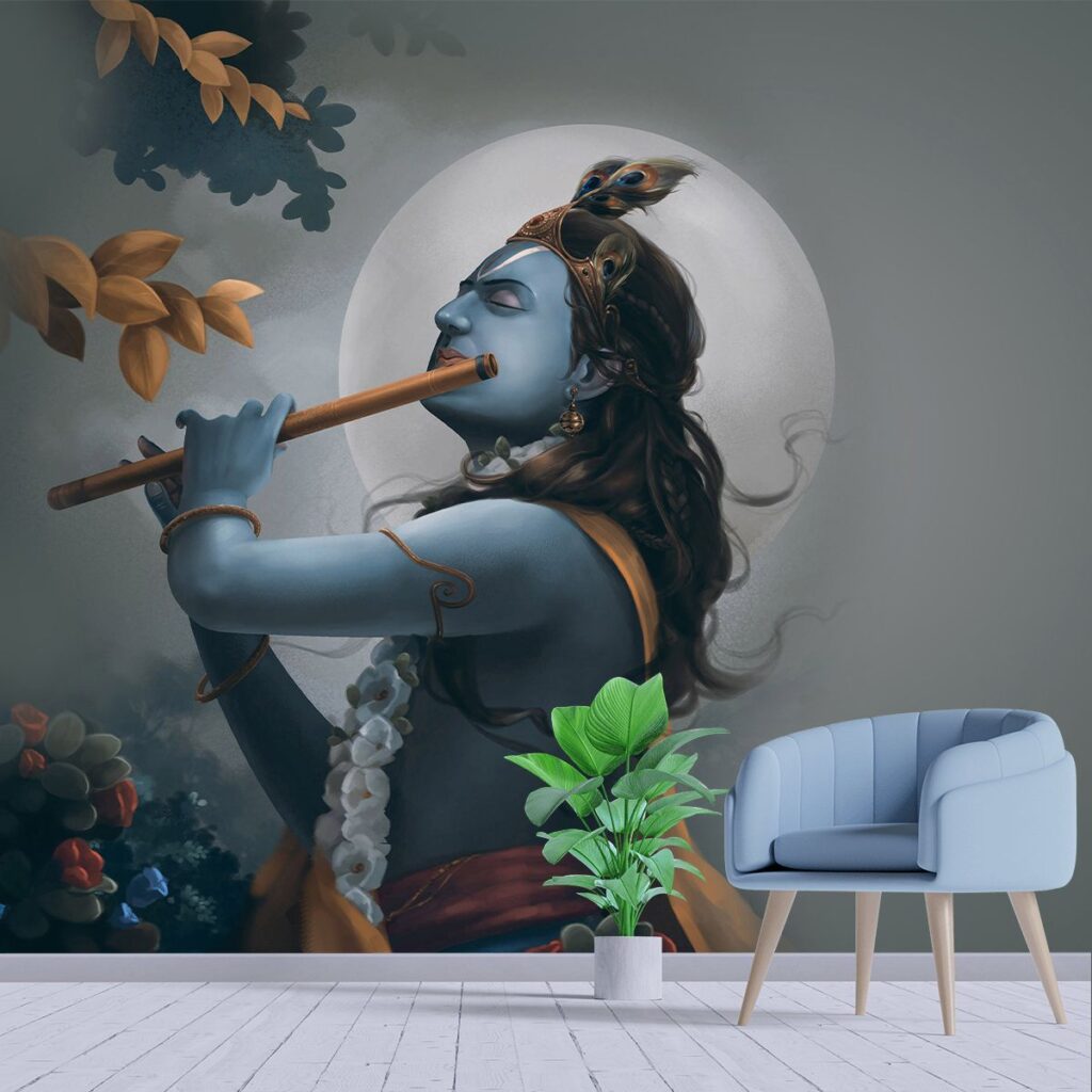 Krishna Wallpaper for Wall, Bhagwan Krishna playing flute - Magic Decor